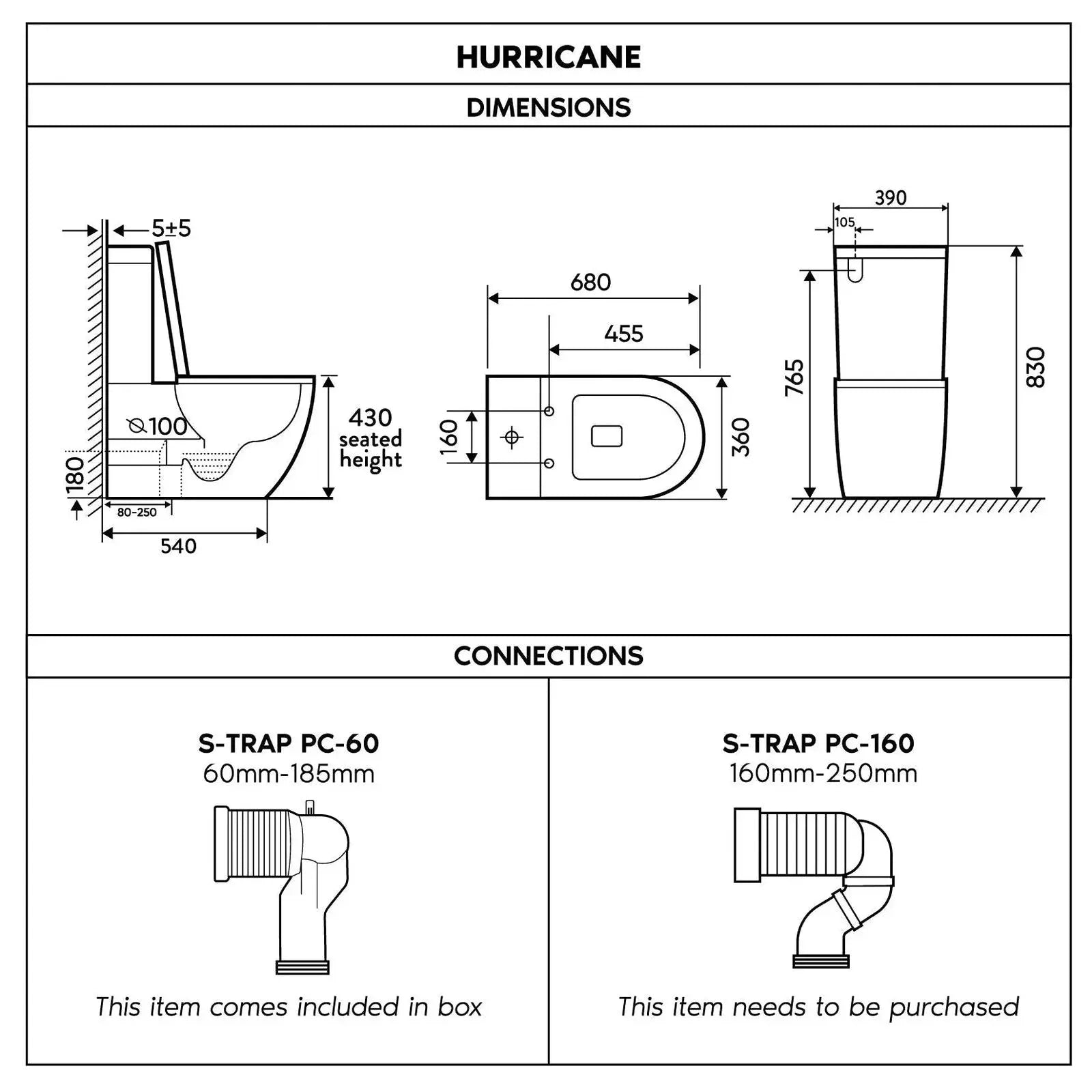 Hurricane Back to wall Tornado Flush Toilet Suite Gloss Black ...