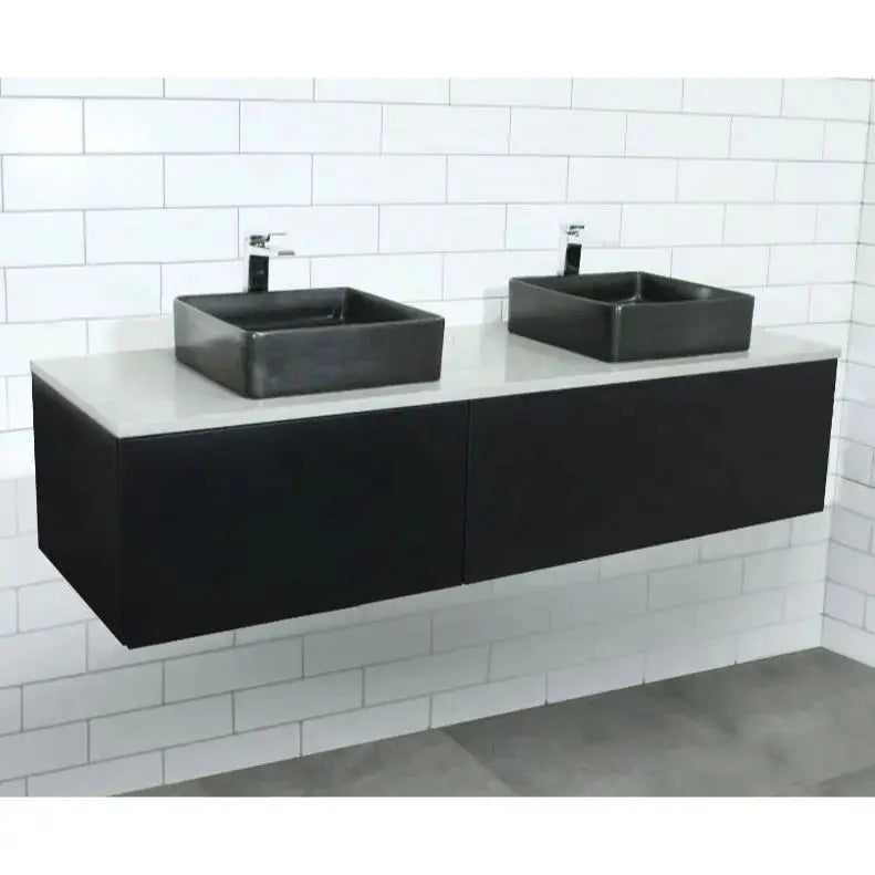 Link Range Wall Mount Double Vanity Matte Black with Stone Benchtop ...